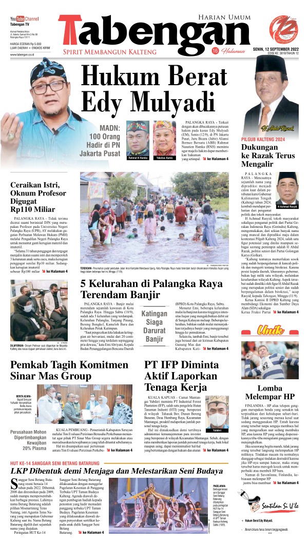 Koran Harian Umum Tabengan - Edisi 12 September 2022